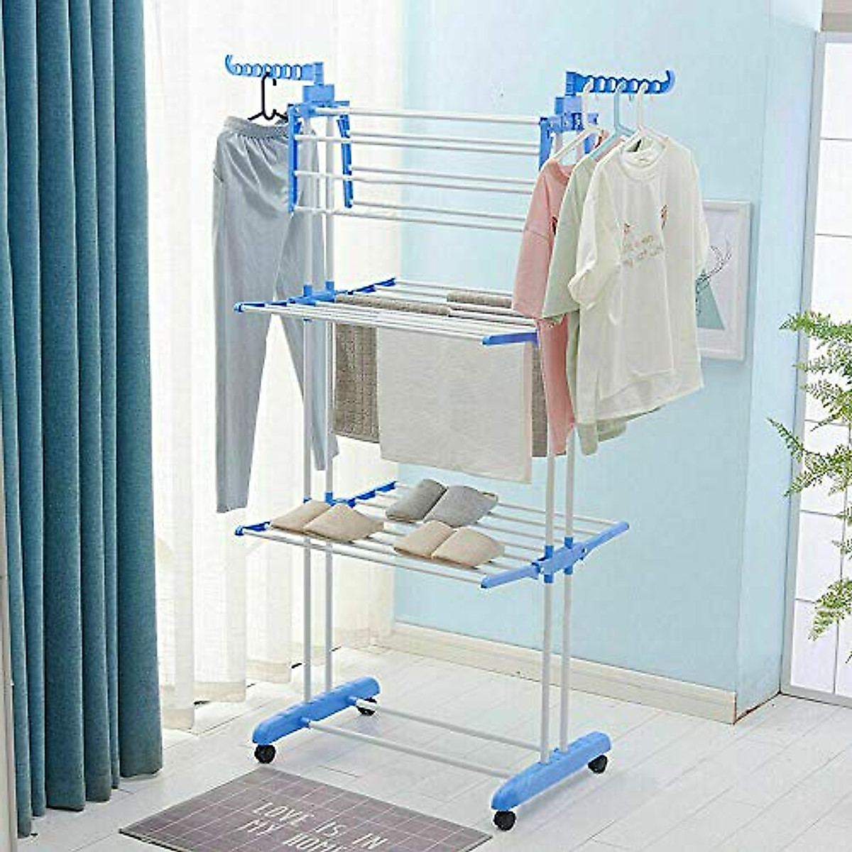 Gdrasuya10 66" Blue Folding Dryer Hanger with Casters, 3-Layer Portable Stand Towel Rack Clothes Drying Rack for Outdoor or Indoor (Blue)