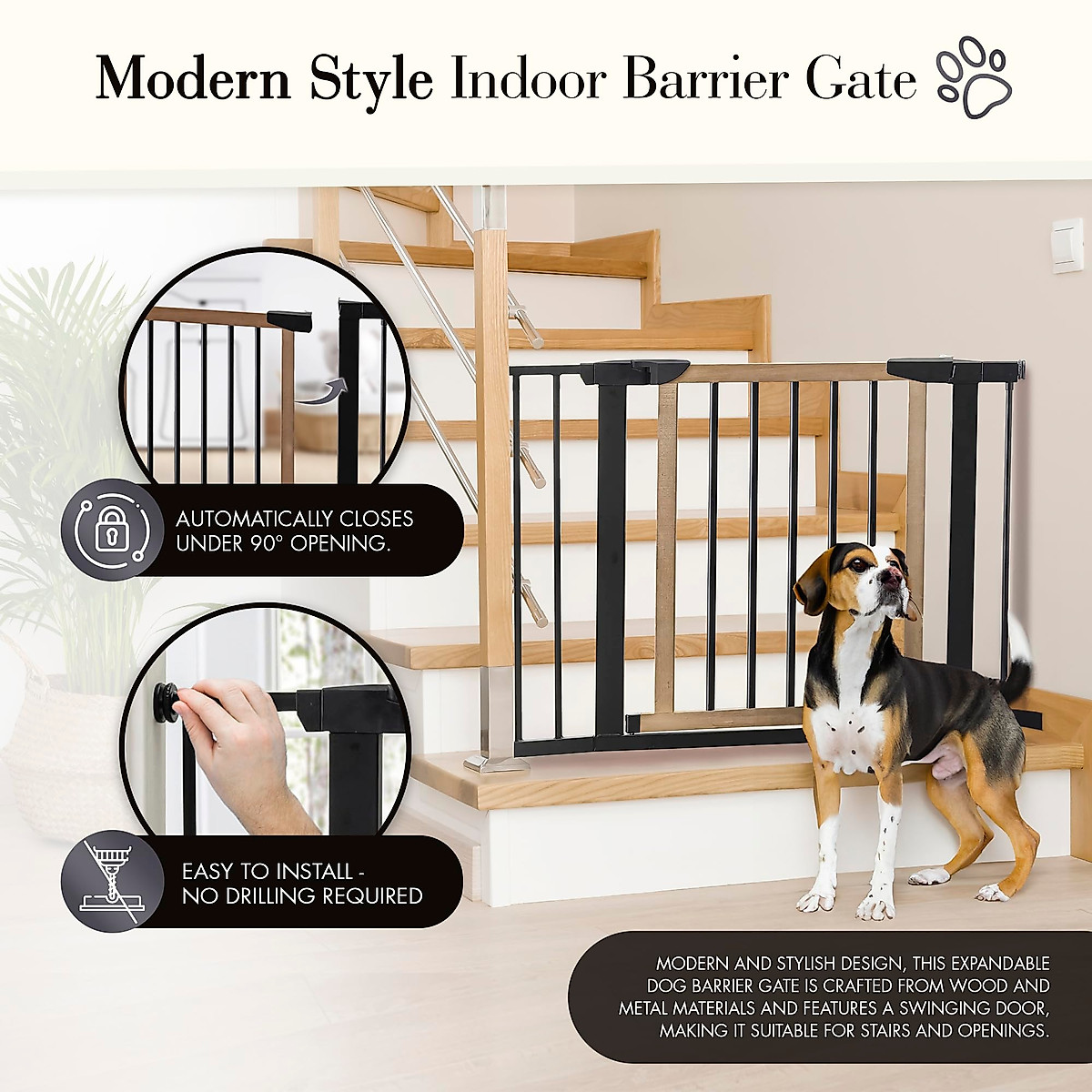 NMN Designs Logan Dog Gate - Indoor Pet Barrier and Wooden Dog Gate with Walk Through Swinging Door - Pressure Mounted for Walls and Stairs - Puppy Gates for The House - Expandable 29.5" to 51.5"