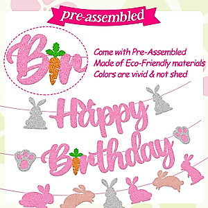 Bunny Birthday Banner Rabbit Bday Party Decorations Bunny Paw Ears Carrot Easter's Day Theme for Kids Boy Girl Baby Shower Party Supplies (Pink)