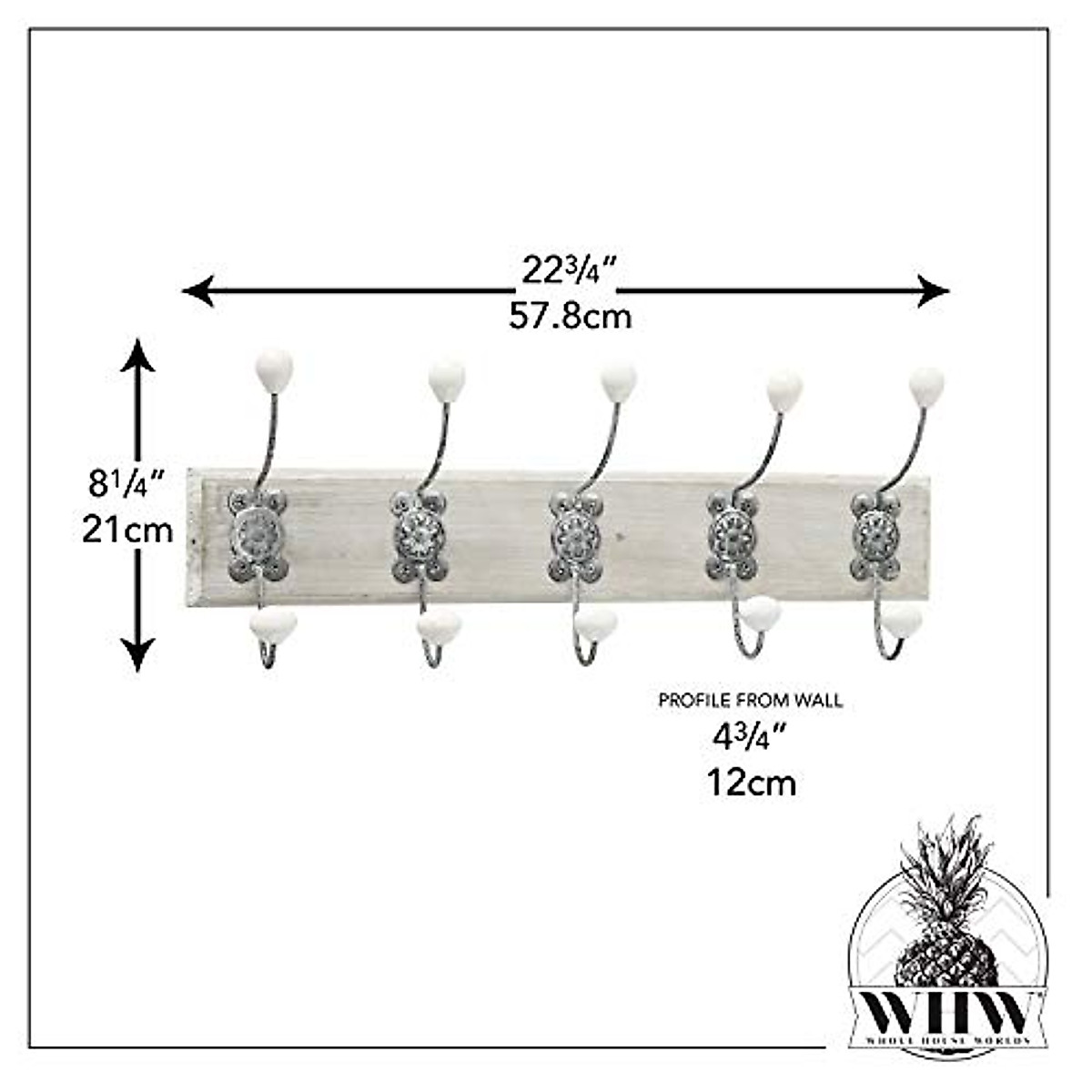 French Country House Wall Rack, 5 Hooks, Shabby Distressed Finish, Rustic White, Weathered Gray Wood, Vintage Inspired, Porcelain Caps, 22.75 L x 4.75 W x 8.25 H Inches