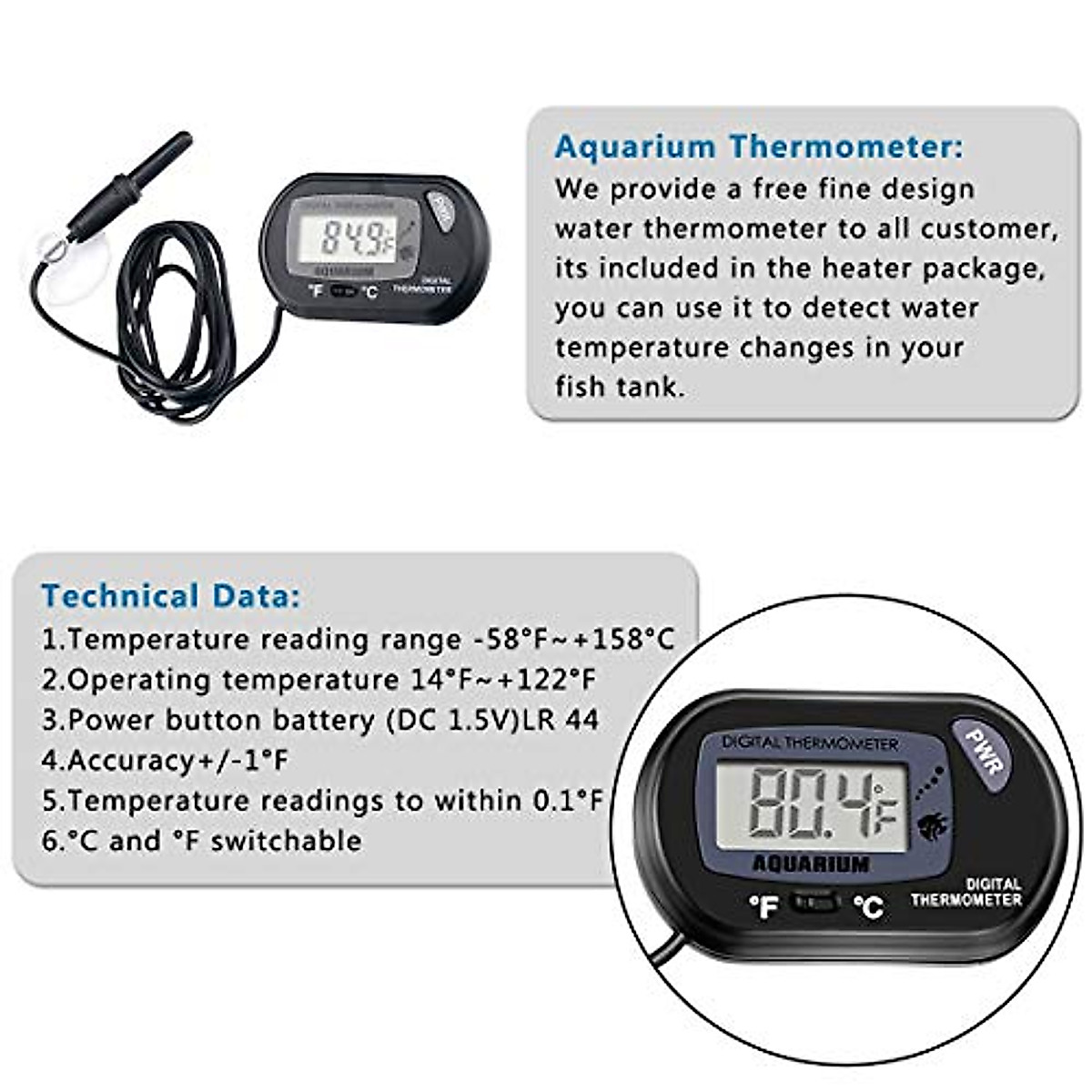 DOMICA 300W Submersible Aquarium Heater, Adjustable Fish Tank Heater, with Suction Cups and Free Thermometer Suitable for Marine Saltwater and Freshwater