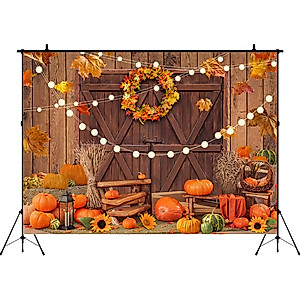 Aperturee 7x5ft Fall Thanksgiving Backdrop Rustic Barn Wood Door Harvest Autumn Pumpkins Maple Rural Door Wreath Decor Photography Background Kids Baby Portrait Party Decor Photoshoot Studio Props