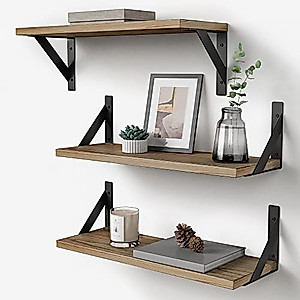 Floating Shelves with Black Metal Brackets Set of 3, Light Wood Wall Bookshelf for Bedroom Over Desk Bed, Hanging Shelf for Office Kitchen Living Room, Bathroom Over Toilet (Natural Color)
