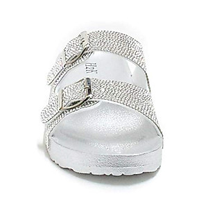 H2K Womens Glitter Double Buckle Adjustable Comfort Slip On Slides Sandals Espen (Silver, 10)