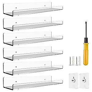 BTSD-home 6 Pack 15'' Clear Acrylic Shelves for Wall, Acrylic Wall Shelves Invisible Mounted Display Ledge Kids Bookshelf for Bathroom, Living Room, Bedroom, Kitchen, Study