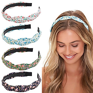 WOVOWOVO 4 Pieces Headbands for Women Girls Floral Braided Headband Non Slip Hairbands for Women's Hair Fashion Fabric Head Band Solid Colors Hair Accessories