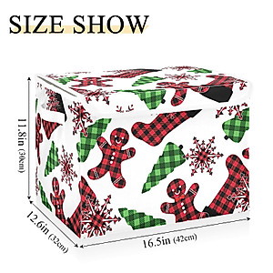 Christmas Storage Baskets Collapsible Storage Bins with Lids, Buffalo Plaid Checkered Christmas Stockings Snowflakes Gingerbread Men and Christmas Trees Storage Boxes Clothes Baskets for Organizing