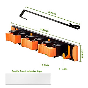 Unjumbly Broom Holder Wall Mount, Drilling Free Mop and Broom Holder with 2 Over Door Hooks, Tool Organizer for Laundry Room, Garage, Kitchen, Closet, Bathroom, Pantry - Orange