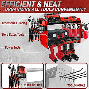 Quibbay Power Tool Organizer Wall Mount, Utility Racks with 4 Drill Holder for Garage Organization, Drill Holder Wall Mount with 2 Side Pegboards with Hooks, Tool Shelf with Screwdriver/Plier/Hammer