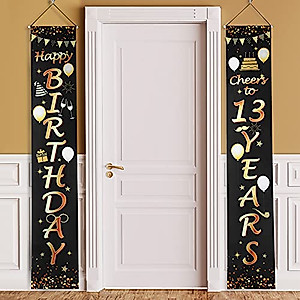 2 Pieces Happy 13th Birthday Door Banner Backdrop Decoration Cheers to 13th Birthday Black & Gold Hanging Porch Sign Happy Birthday Home Door Banner 13th Birthday Party Supplies, 71 x 12 Inch