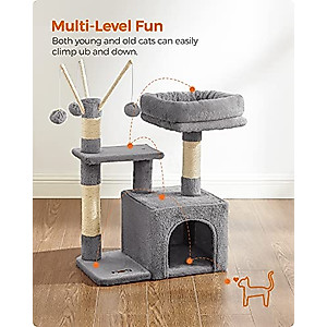 Feandrea Cat Tree, Small Cat Tower with Padded Perch, Cat Cave, 3 Pompoms, Cat Activity Center, Light Gray UPCT121W01