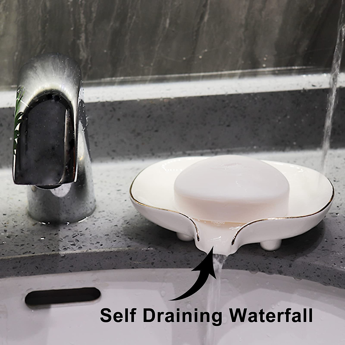 Polyroyal White Soap Dish Ceramic Self Draining Soap Dish Waterfall Slot Gold Edge Bathroom Accessories for Bathroom, Kitchen,Bar Counter