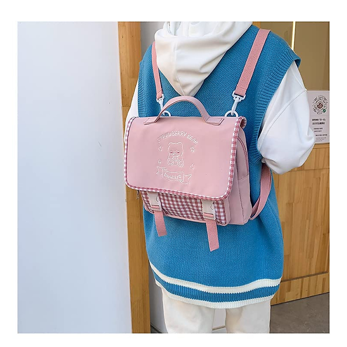 YUESUO Japanese Kawaii Plaid Bear Strawberry Backpack 3 Way Multi Bag for Girl Women JK Lolita Student Cosplay Satchel Book Bag (Pink,Medium)