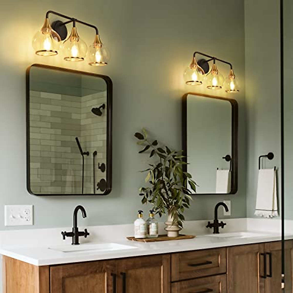 HAHZT Black and Gold Bathroom Vanity Light 3-Lights Bathroom Light Fixtures Over Mirror with Clear Glass Shade 22.4 inch Wall Sconce Lighting Bath(Exclude E26 Bulb)