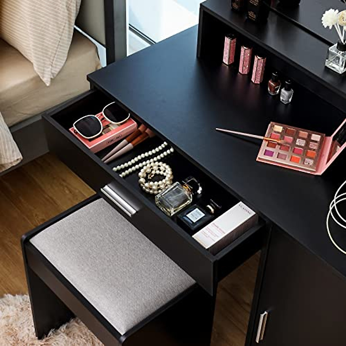 USIKEY Vanity Table Set with Lighted Mirror & Charging Station, Makeup Vanity Table with 1 Drawer, 1 Storage Cabinet, 10 LED Lights, Dressing Tables Vanity Desk with Cushioned Stool for Bedroom, Black