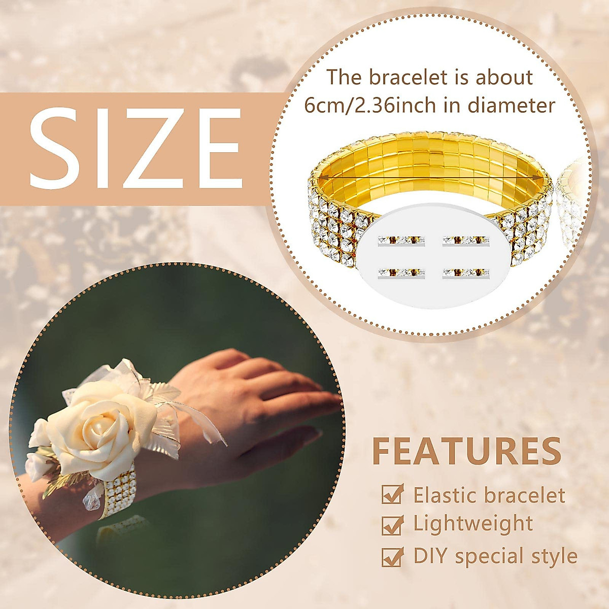 Junkin 6 Packs Corsage Bracelet Wrist Corsage Rhinestone Elastic DIY Wrist Rhinestone Bracelet Accessories for Wedding Decor Prom Ceremony Anniversary Bridal Shower Party(Gold)