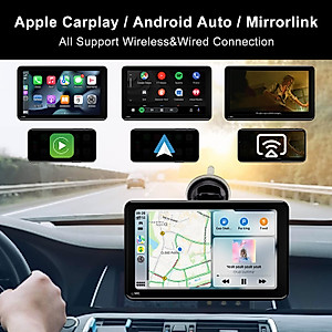Portable Car Stereo for Apple Carplay, Android Auto, Air Play, Mirror Link, Wireless Car Play Screen with Bluetooth Handsfree, 7 Inch IPS Touchscreen, GPS Car Navigation, Siri/Google, FM/AUX/USB/TF