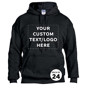 Custom Gildan Adult Hoodies for Men and Women, 24 Pack of Personalized Promotional Shirts with Customized Text or Logo, Comfortable Cotton Unisex Sweatshirt with Hood for Fall, Winter Weather - Black