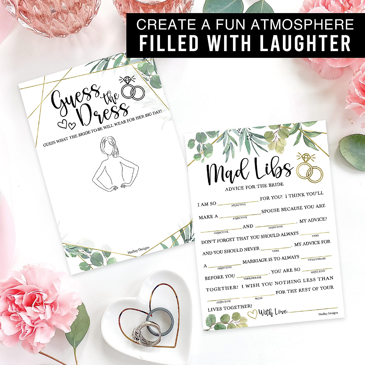 Hadley Designs 20 Greenery Bridal Shower Games For Guests - Hilarious Bridal Shower Games 20 Guests, Couples Wedding Shower Games, Guess The Dress Set, Advice Cards For Bridal Shower Mad Libs