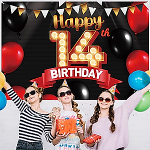 Happy 14th Birthday Black Banner Decorations Gold Backdrop Red and Black Balloons Theme Decor for Girls Women Princess 14 Years Old Birthday Party Supplies Photo Booth Props Background Favors Glitter