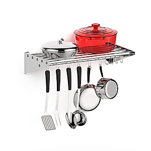 RIEDHOFF Metal Kitchen Rack for Storage and Organization, [NSF Certified] 12" x 24" Stainless Steel Wall Mount Shelf with 10 S Hooks for Hanging Pots, Pans, Cookware in Home and Restaurant