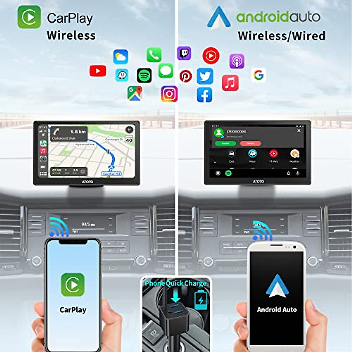 ATOTO P8 Portable Wireless Android Auto 7inch Car Stereo, Wireless CarPlay, with 1080P Dual Recording Cameras, Remote Control, WDR & Auto Dimmer, Fast Charge, Support Up to 128G SD, P807PR