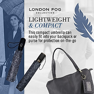 London Fog Mini Rain Umbrella, Automatic Folding Umbrella, Windproof, Lightweight and Packable for Travel, Full 42 Inch Arc, Herringbone