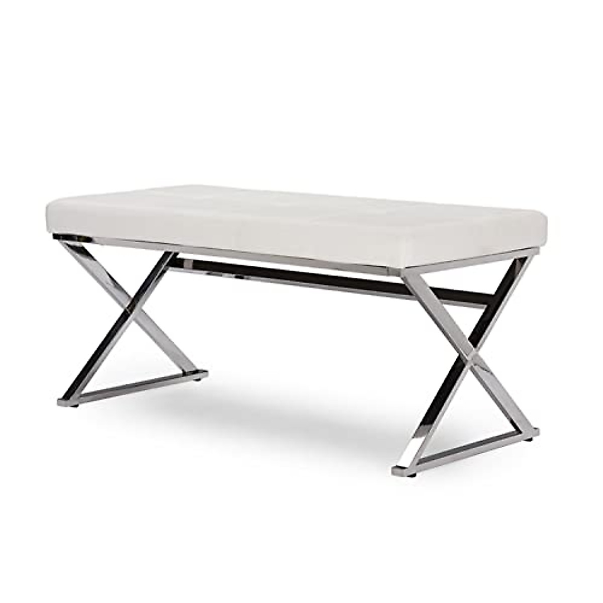 Baxton Studio Wholesale Interiors Herald Modern and Contemporary Faux Leather Upholstered Rectangle Bench, Stainless Steel and White