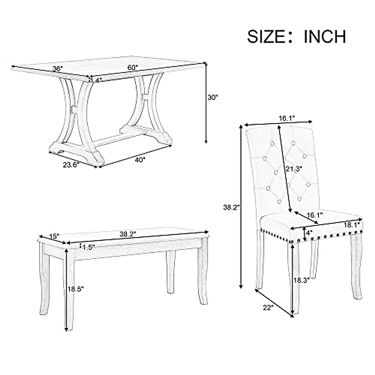 Morhome 6-Piece Dining Set with Bench, Kitchen Funiture with 4 Upholstered Chairs for Home Restaurant