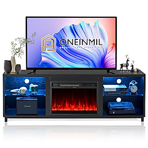 oneinmil 68 Inch Modern Fireplace TV Stand for TV up to 78 Inch for Living Room, TV Cabinet with 3D Electric Fireplace, Wood Storage TV Console, Media Entertainment Center with Cable Holes，Black