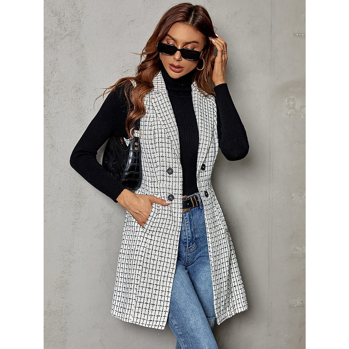 Floerns Women's Plaid Print Button Front Sleeveless Lapel Collar Blazer Jacket White XL