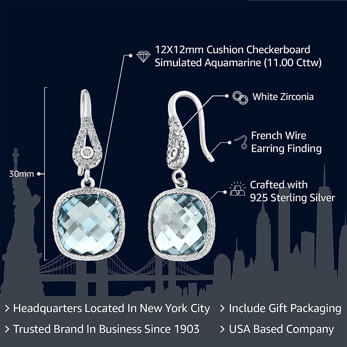 Gem Stone King 925 Sterling Silver Simulated Aquamarine Dangle Earrings For Women (11.00 Cttw, March Birthstone, Cushion Cut 30X12MM)