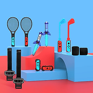ZKKEIIE Switch Sports Games Accessories, 12 in 1 Accessories Bundle Pack include Swords, Golf Clubs, Tennis Rackets, Wrist Bands and Straps, Switch Accessories Kit Compatible with Switch/Switch OLED