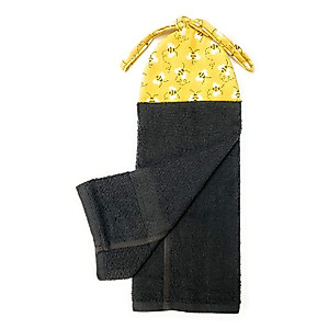 Honey Bumble Bees on Yellow Ties On Stays Put Kitchen Hanging Loop Hand Dish Towel