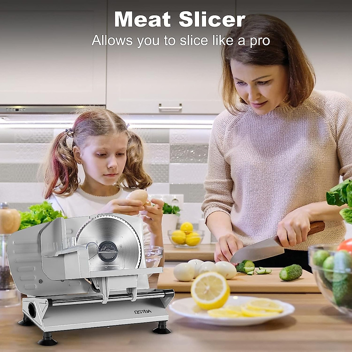 OSTBA Meat Slicer, Electric Deli Food Slicer with Removable Stainless Steel Blades, Adjustable Thickness Meat Slicer for Home Use, Easy to Clean, Ideal for Cold Cuts, Cheese, Bread, Fruit