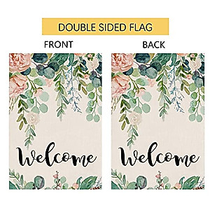 Spring Floral Welcome Garden Flag 12×18 Inch Small Vertical Double Sided Farmhouse Greenery Eucalyptus Leaves Burlap Yard Outdoor Decor