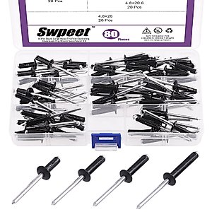 Swpeet 80Pcs 3/16" x 9/16" / 3/4" / 13/16" / 1" Aluminum Long Grip Tri-Grip Rivets Tri-Fold Tri Bulb Mounting Rivet Blind Rivets Assortment Kit, Tri-Grip Rivet Perfect for Deep Water Installing Boat