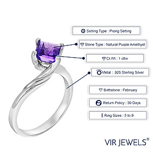 VIR JEWELS 1 cttw Purple Amethyst Ring .925 Sterling Silver with Rhodium Princess 6 MM Size 8