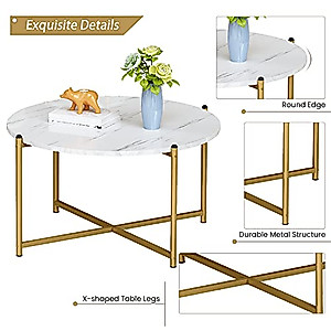 DKLGG Coffee Table Set of 3, Modern Round Coffee Table & 2pcs End Table Faux Marble Tabletop with Gold Cross Base Frame, Modern Living Room Table Sets for Apartment, Small Space (Gold)