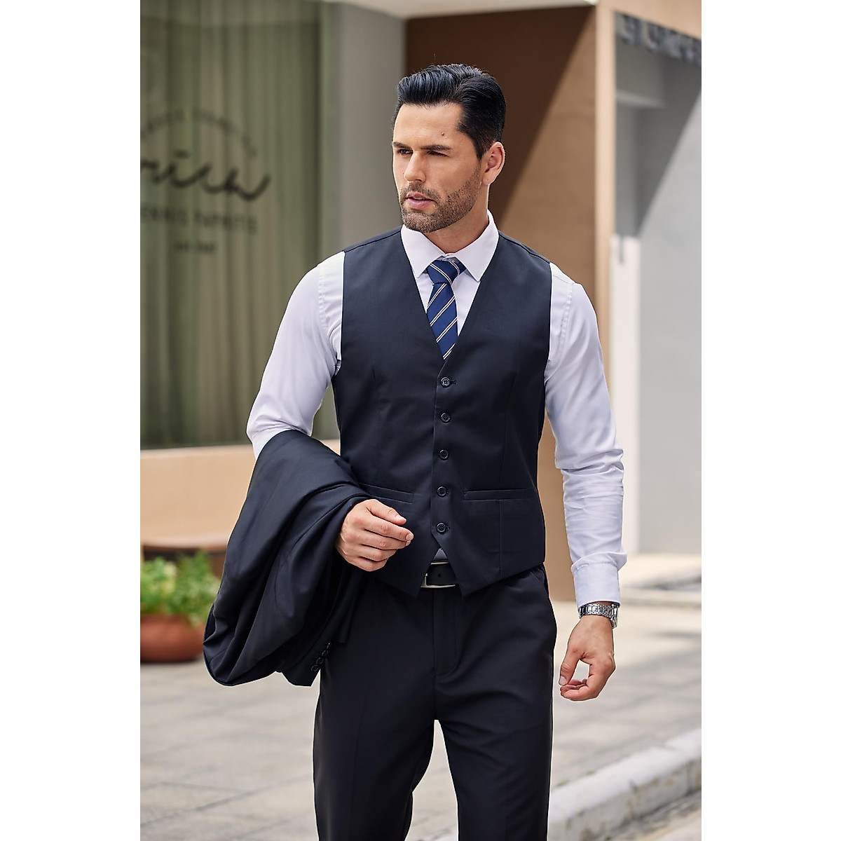 COOFANDY Men's 2 Piece Suit Slim Fit Two Button Blazer Jacket Business Wedding Prom Tuxedo Vest Set Black