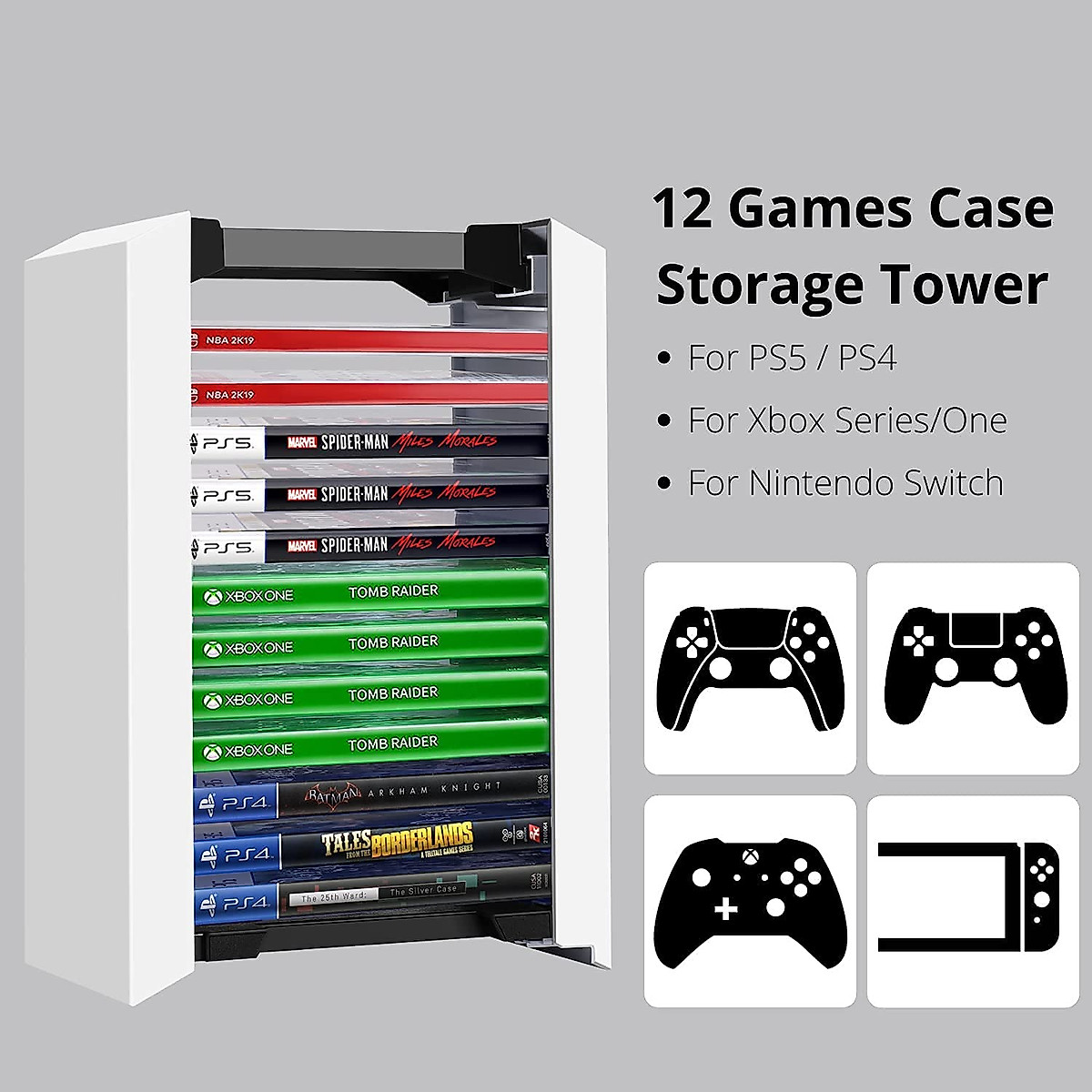 Eddrence PS5 Game Storage Tower Universal Games Storage Tower Stores 12 Game or Blu-Ray Disks Game Holder Rack for PS4, PS5, Xbox One, Xbox Series X/S, Nintendo Switch Games and Blu-Ray Disks