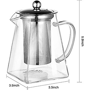 Aottop Square Glass Teapot with Infuser, 500 ml Borosilicate Tea Pot with Strainer, Clear Leaf Tea Pots for Loose Tea (500ML)