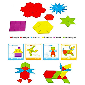 Wooden Pattern Blocks Shapes Puzzle Tangram, Classic Educational Games Kindergarten Homeschool Supplies, Fun Montessori Learning Toys for Ages 3 to 9