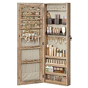 SONGMICS Mirror Jewelry Cabinet Armoire, Wall or Door Mounted Jewelry Storage Organizer, Hanging Lockable Frameless Mirror Cabinet with 2 Cosmetic Organizers, Gift Idea, Toasted Oak Color UJJC001N01