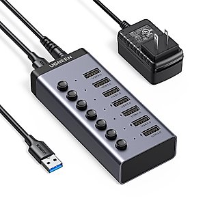 UGREEN Powered USB 3.0 Hub, 7-Port USB Adapter with 4 Smart Charging Ports, USB Splitter with Individual Led On/Off Switches and Power Adapter, USB Ports Extender for Laptop PC