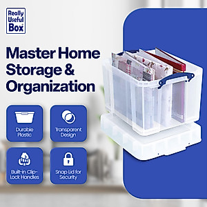 Really Useful Box 35 Liters Transparent Storage Container with Snap Lid and Clip Lock Handle for Lidded Home and Item Storage Bin