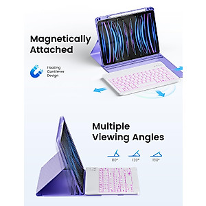 OYEEICE Keyboard Case for iPad Air 11 inch (M2 2024)/10.9 inch Air 5th/4th Gen/iPad Pro 11 1st/2nd/3rd Gen - 7-Color Backlit Detachable Keyboard, Folio Cover with Pencil Holder - Purple