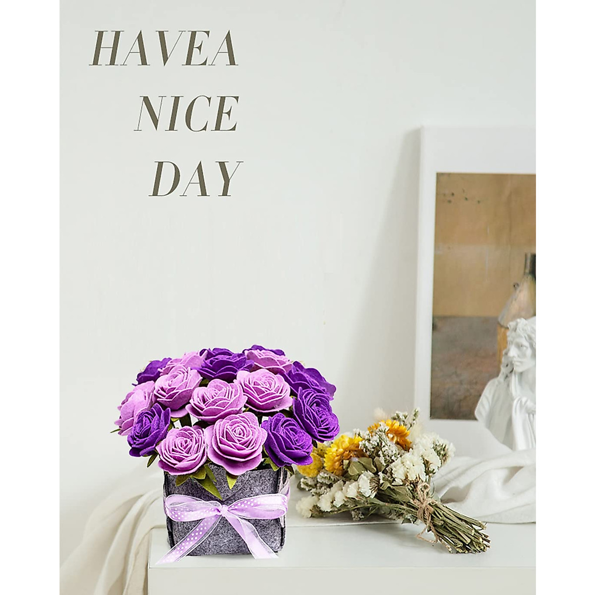 BAZIMA DIY Felt Flower Art Craft Kit, DIY Felt Purple Rose Pot Bonsai Kit, Floral Gifts,Beginner Craft Kit,Arrange Pre-Cut Felt Flowers and Foliage