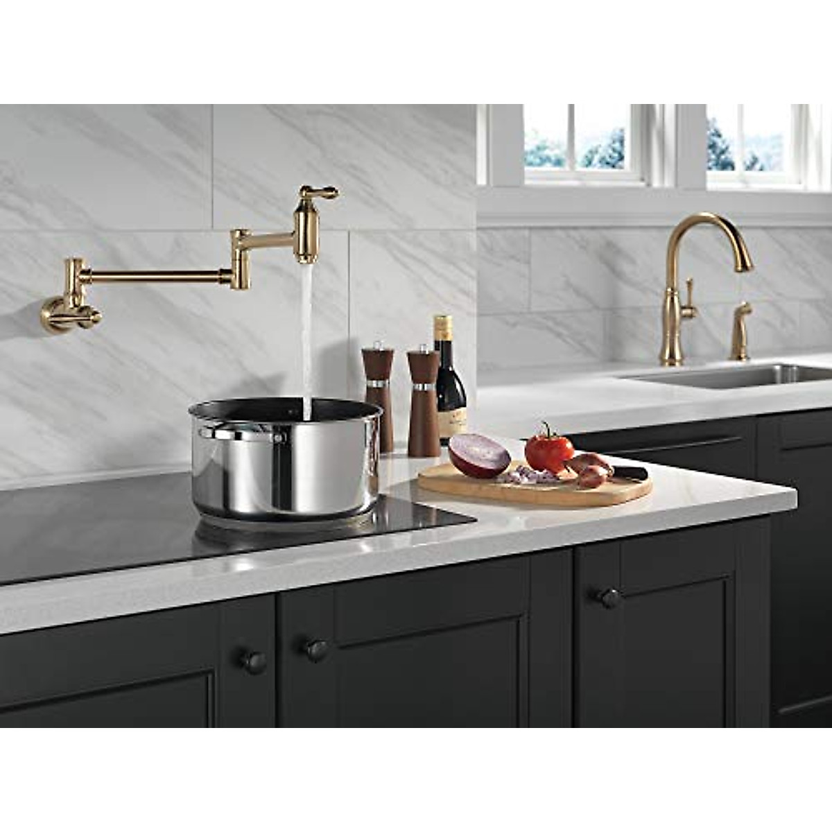 Delta Faucet Traditional Brushed Gold Pot Filler Faucet, Delta Pot Filler Gold, Farmhouse Pot Filler Faucet Wall Mount, Potfiller, Brass Construction, Champagne Bronze 1177LF-CZ