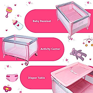 HONEY JOY Pack and Play with Bassinet, 3 in 1 Portable Baby Playard with Infant Full-Size Bassinet & Changing Table, Diaper Stacker, Foldable Play Yard Nursery Center w/Toy Bar, Oxford Bag (Pink)